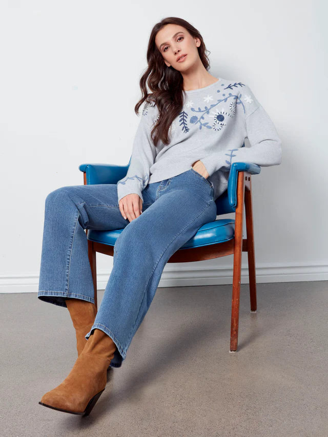 Embroidered Crew Neck Sweater - Heather Grey – Sara Sohan Online
