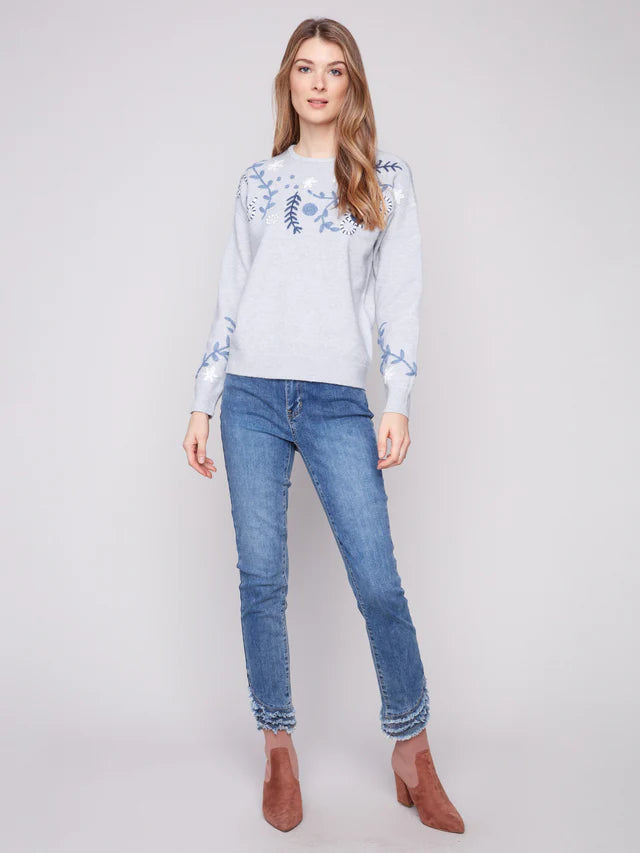 Embroidered Crew Neck Sweater - Heather Grey – Sara Sohan Online